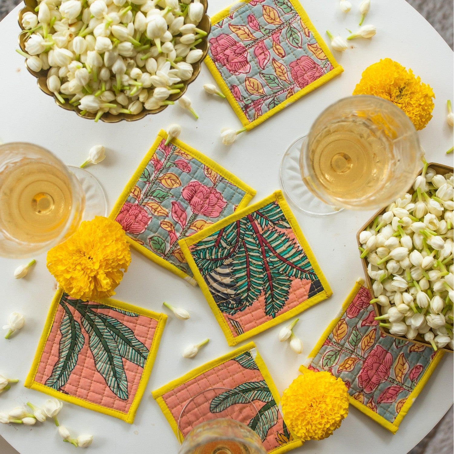 Pink & Green Reversible Fabric Table Coaster Set of 6 – House of Ekam